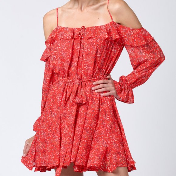 Fate | Dresses | New Fate Ditsy Red Floral Print Cold Shoulder Ruffle ...
